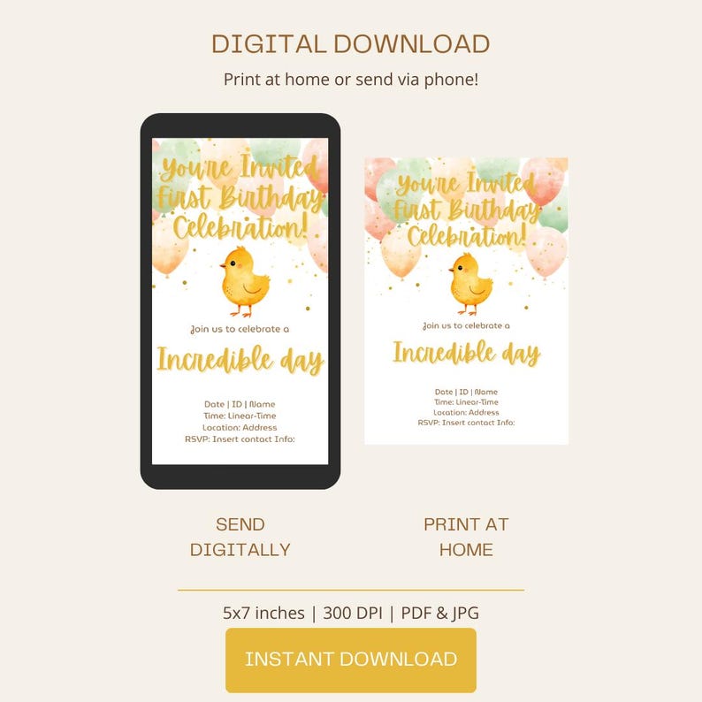 Editable First Birthday Invitation, Gold Elegant Chick Design (canva ...
