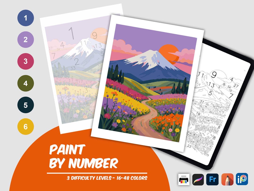 Color by Number Mountain Landscape Print, Flower Fields Art, Scenic ...