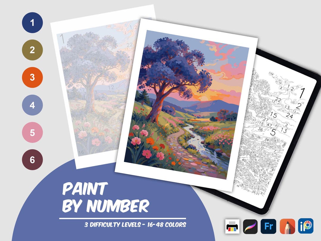 Landscape Paint by Number Printable, Sunset Tree River Scene, Relaxing ...