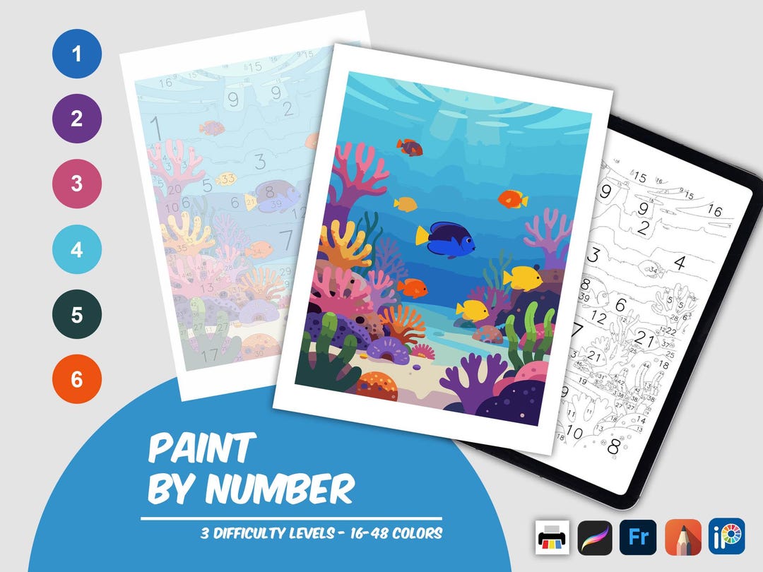 Underwater Ocean Color by Number Print, Tropical Fish Coral Scene ...
