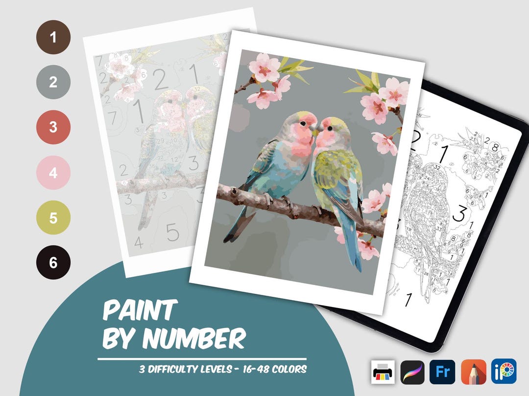Lovebirds Color by Number Printable, Cherry Blossom Painting Activity ...