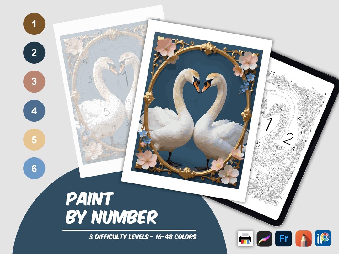 Romantic Swans Color by Number Printable Valentine Wedding Gift Digital ...