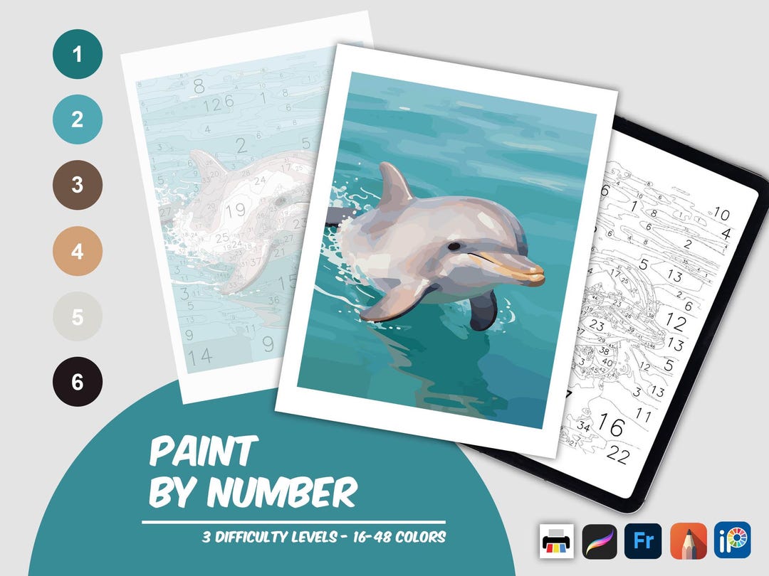Dolphin Color by Number Printable, Ocean Paint by Number for Adults ...