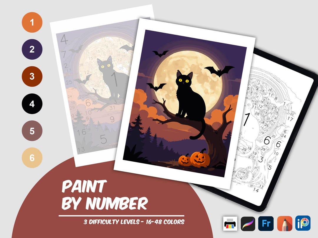 Halloween Cat Color by Number Printable, Spooky Moon Art Activity ...