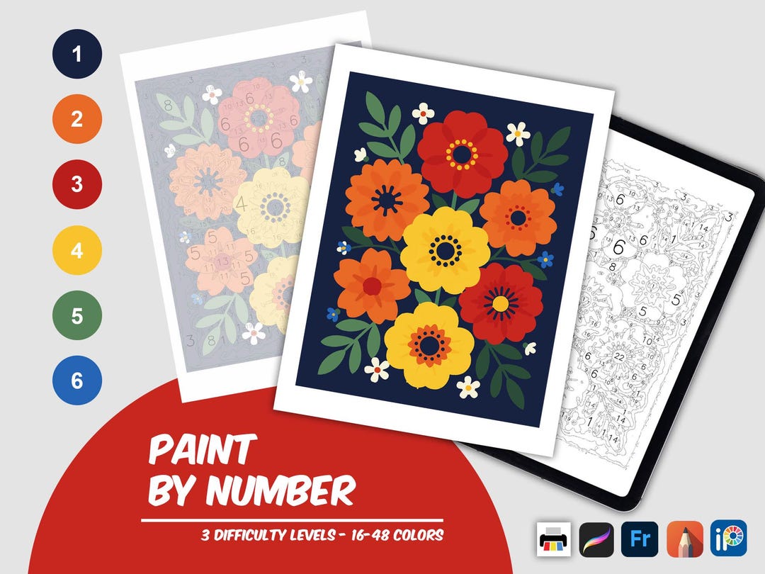 Floral Bouquet Paint by Number Printable, Adult Flower Garden Coloring ...