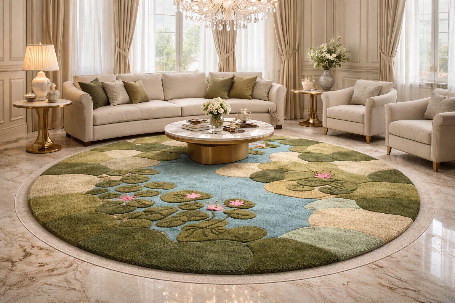 Luxury Round Water Lily Pond Rug Botanical Lotus Area Rug 4xx4 6x6 8x8 ...