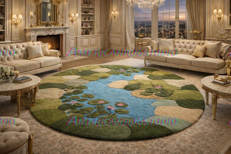 Luxury Round Water Lily Pond Rug Botanical Lotus Area Rug 4xx4 6x6 8x8 ...