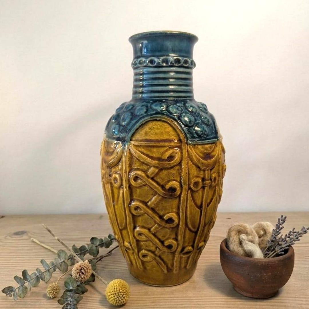 Vintage Bay Keramik Vase – West Germany 98 25 – Blau & Ocker – Fat Lava ...