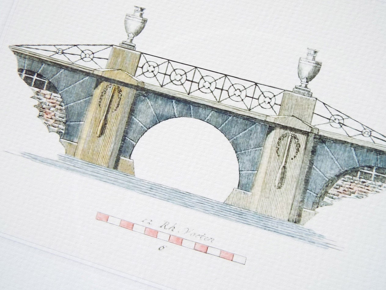 Classical Architectural Drawing of Stone Garden Bridge Archival Quality ...