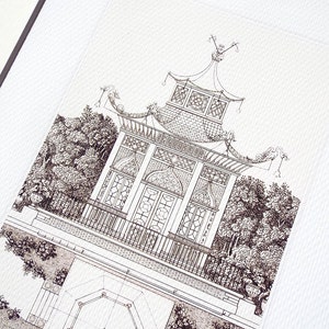 Sepia Pagoda Blueprint 1 Garden Architectural Plan Archival Print - Etsy