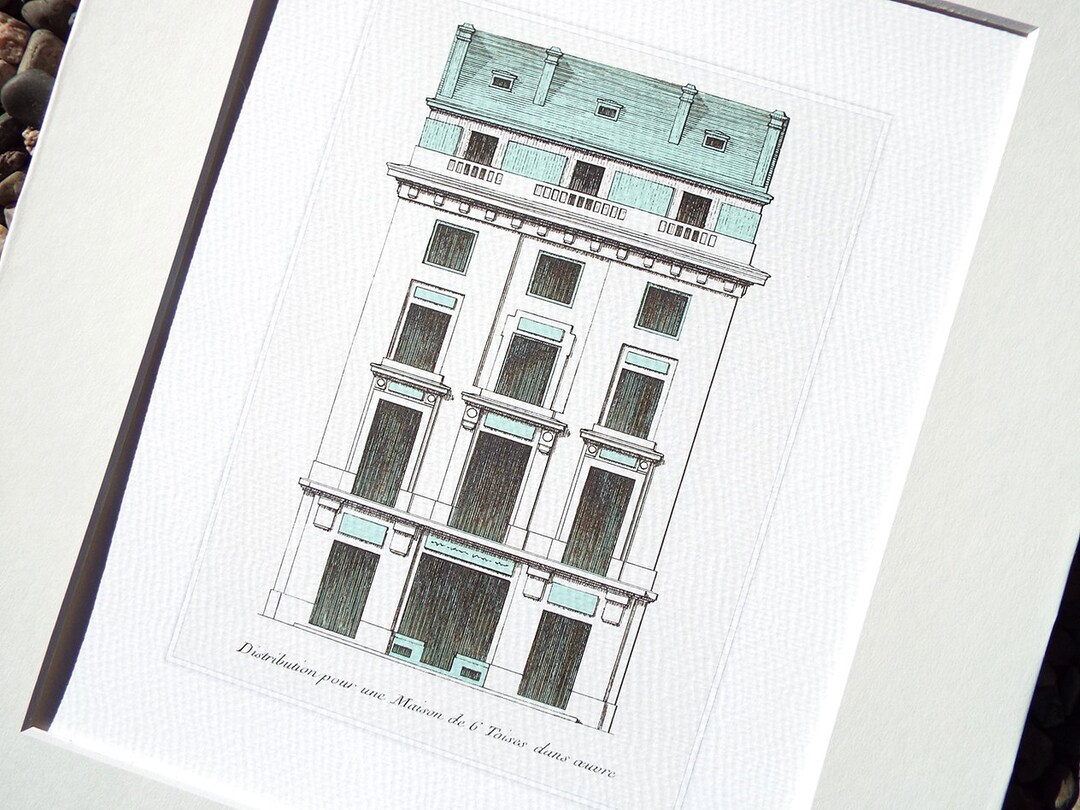 French Architectural Drawing 4 of Paris Facade With Pale Blue Details ...