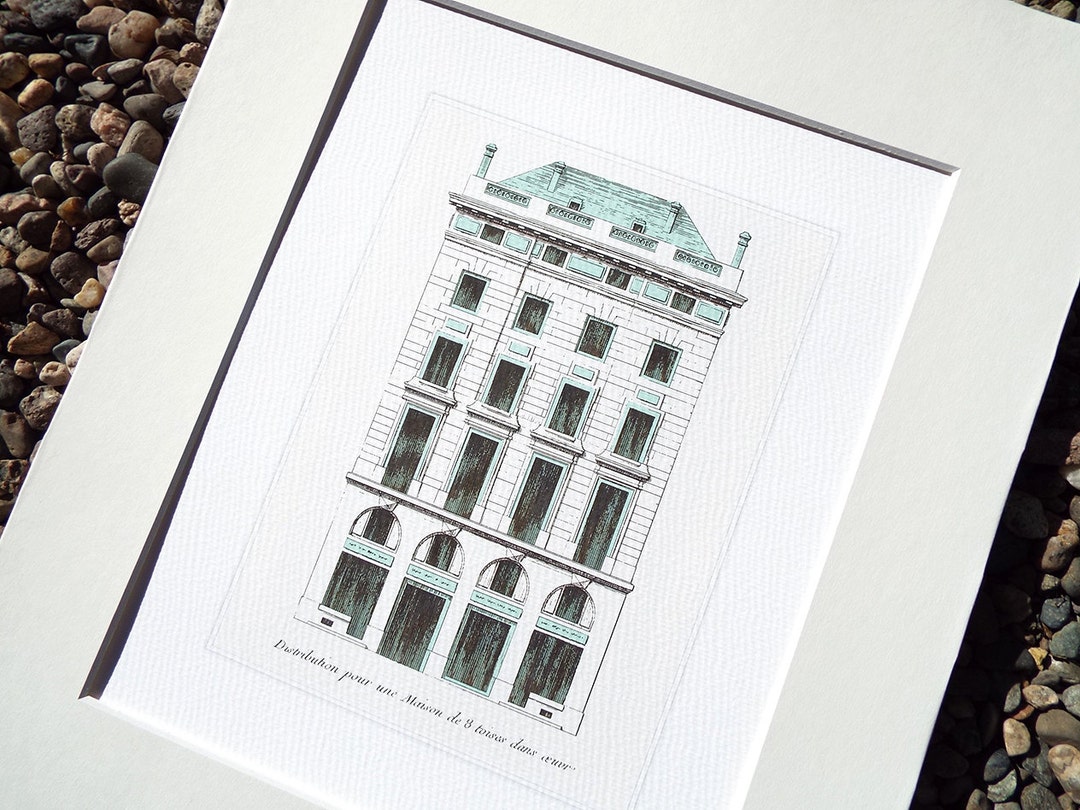 French Architectural Drawing 7 of Paris Facade With Pale Blue Details ...