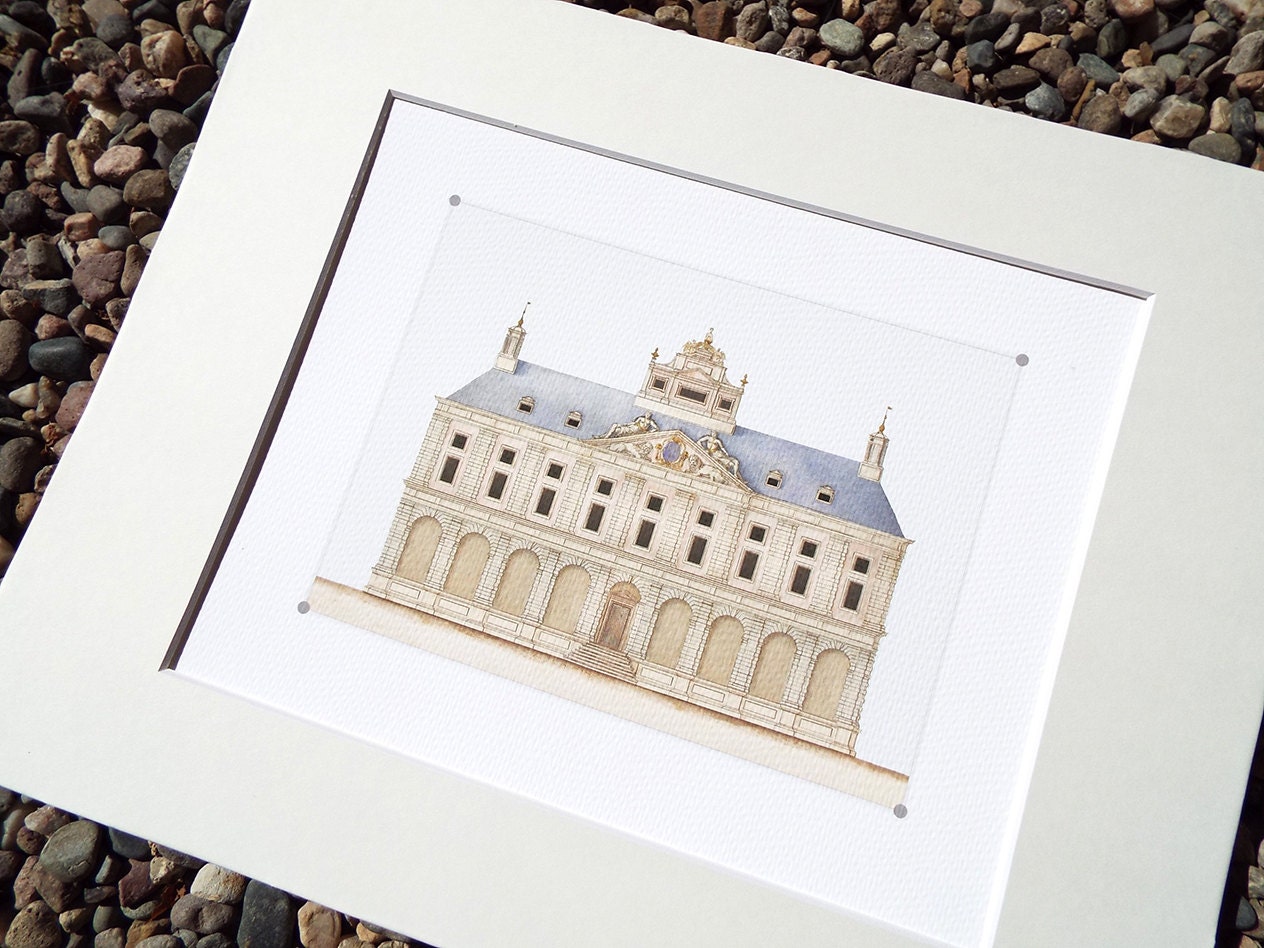 Antique Architectural Illustration of Blue Roofed Neo | Etsy