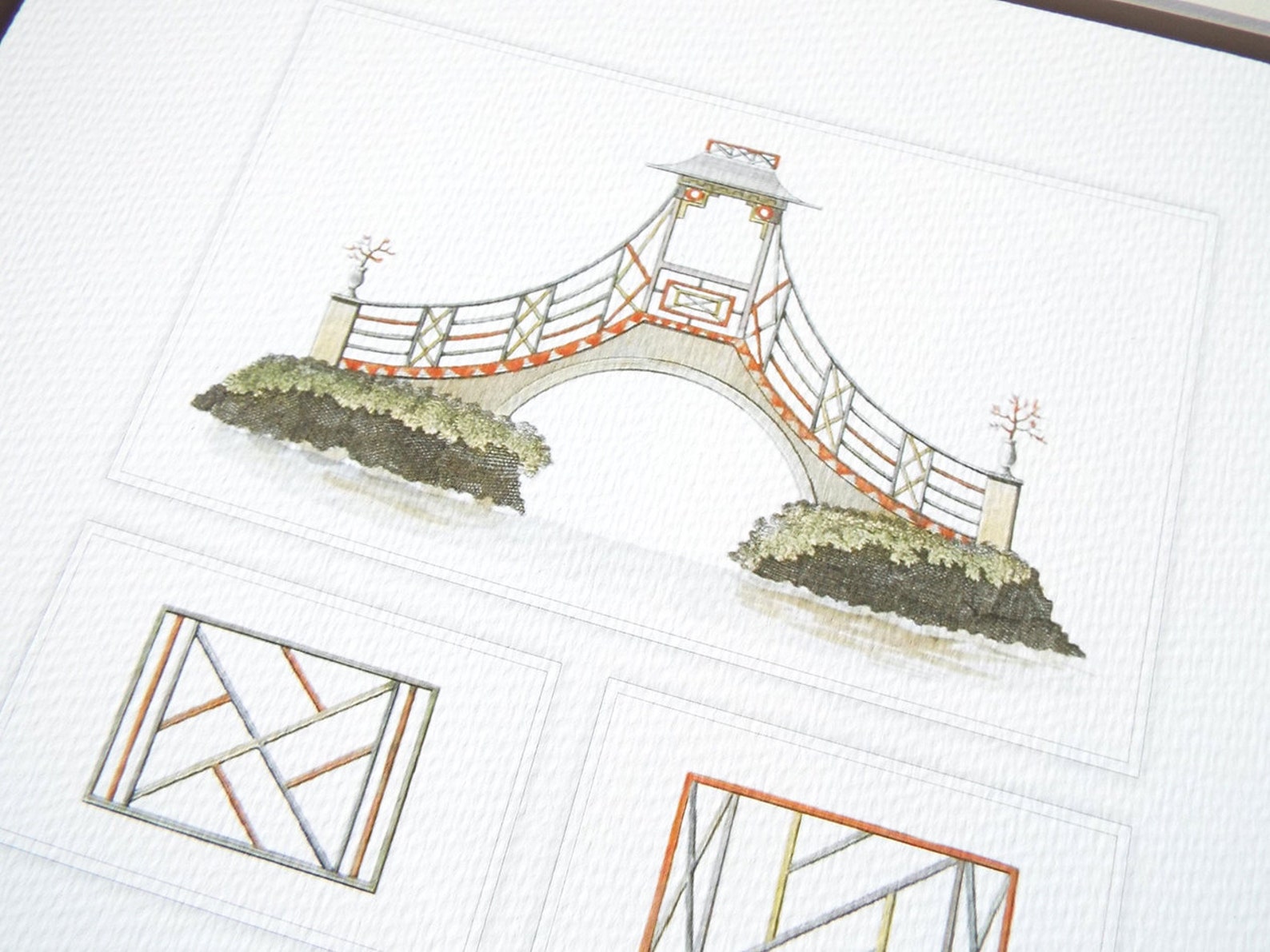 Pagoda Style Bridge & Trellis Railing Chinoiserie Architectural Drawing ...