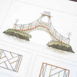 Pagoda Style Bridge & Trellis Railing Chinoiserie Architectural Drawing ...