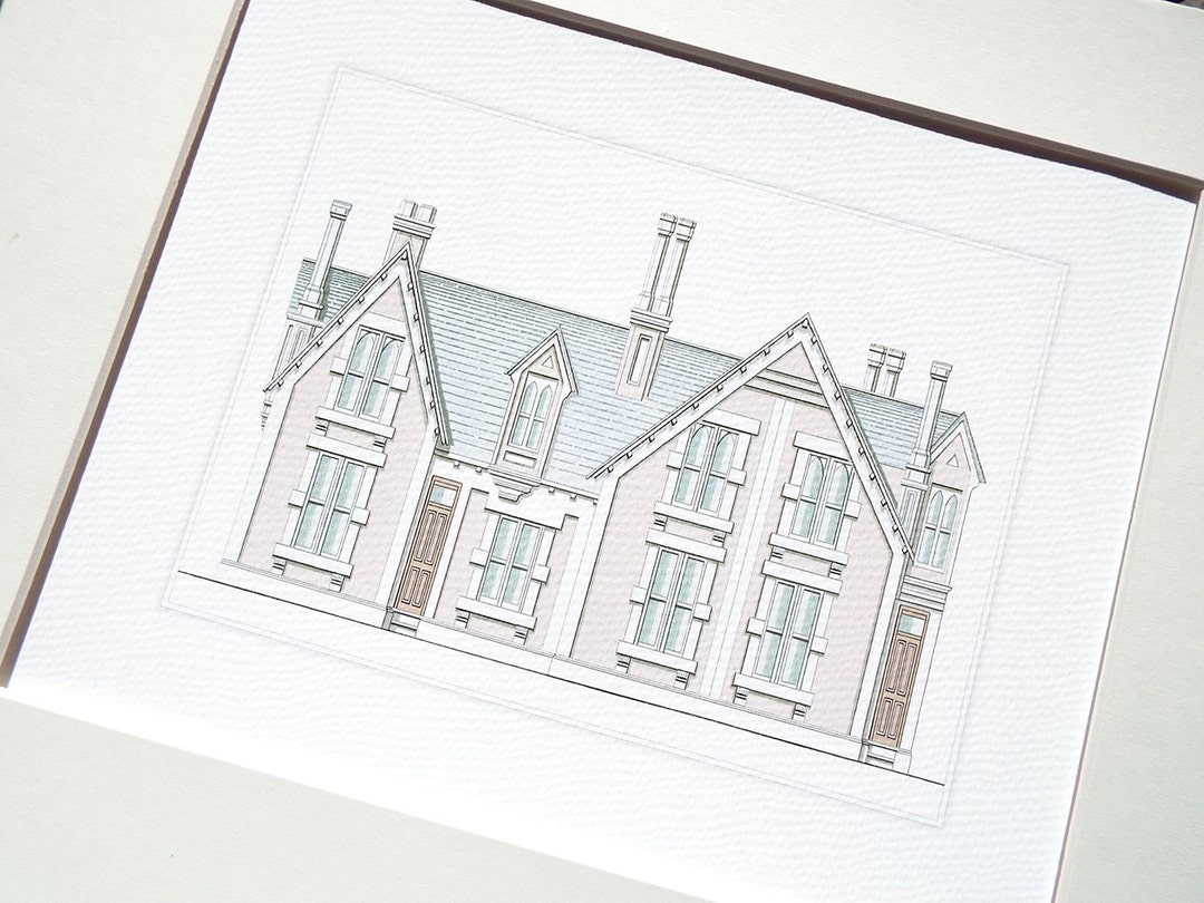 Architectural Print 4 of Pastel English Manor House Drawing on Archival ...
