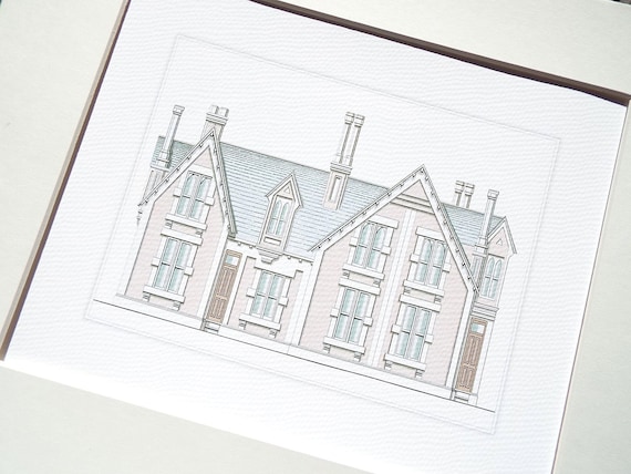 Architectural Print 4 of Pastel English Manor House Drawing on | Etsy