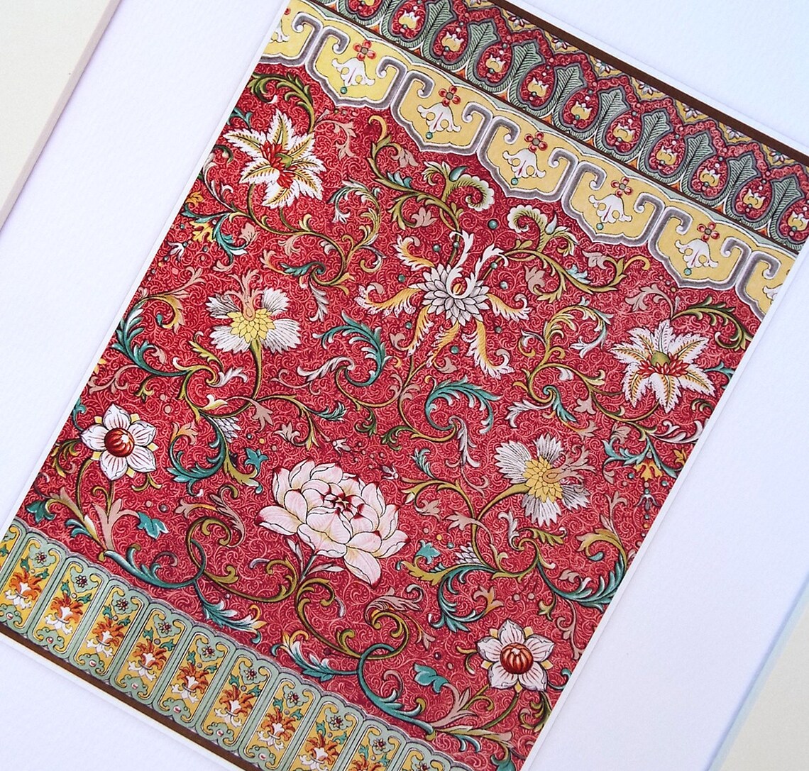 Asian Lotus Flower Pattern 4 in Red Antique Illustration | Etsy