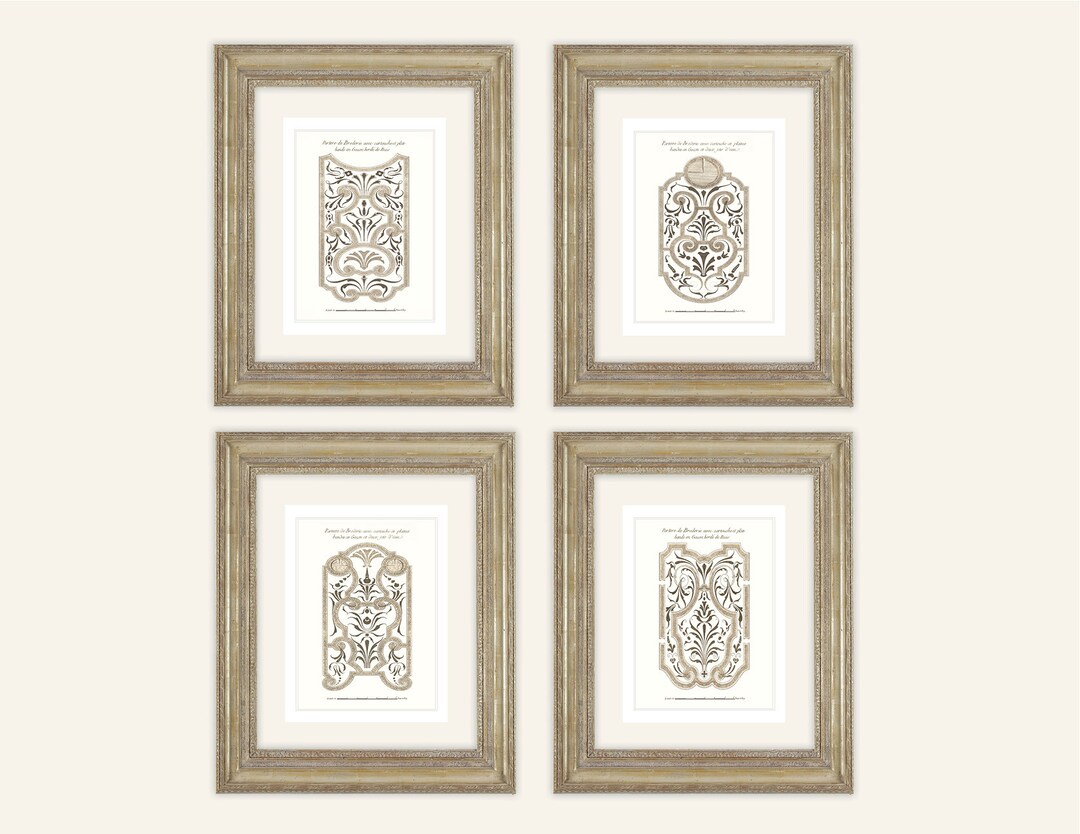French Garden Plan Prints Set: Sepia Scroll Designs on Watercolor Paper ...