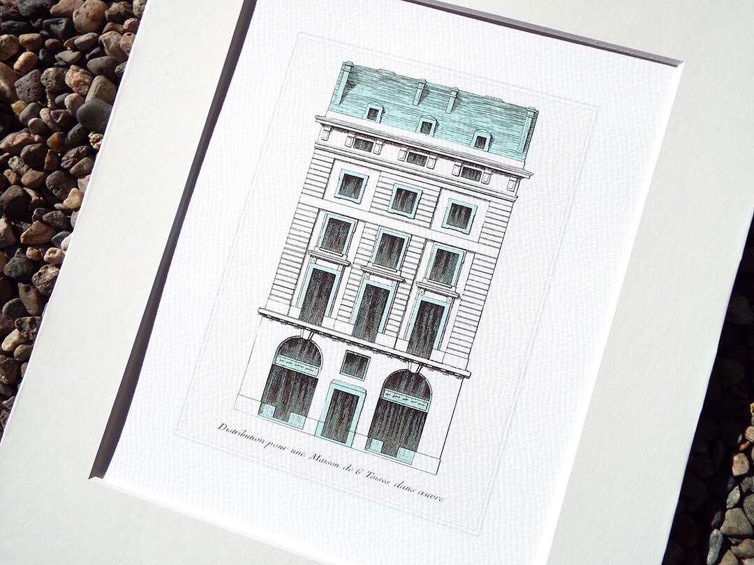 French Architectural Drawing 1 of Paris Facade With Pale Blue Details ...