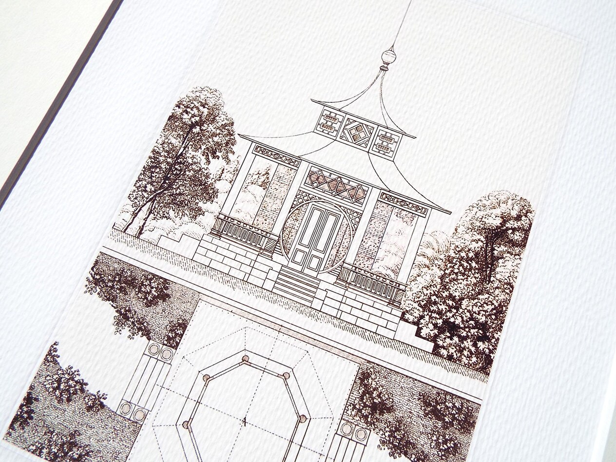 Sepia Pagoda Blueprint 4 Garden Architectural Plan Archival | Etsy