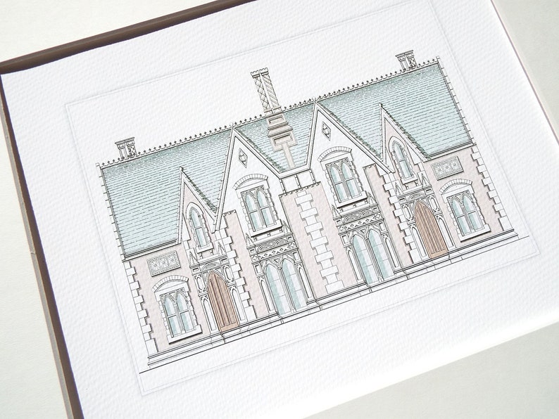 Architectural Print 1 of Pastel English Manor House Drawing on | Etsy