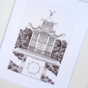 6 Set of Sepia Pagoda Blueprints & Architectural Plan Archival Prints ...