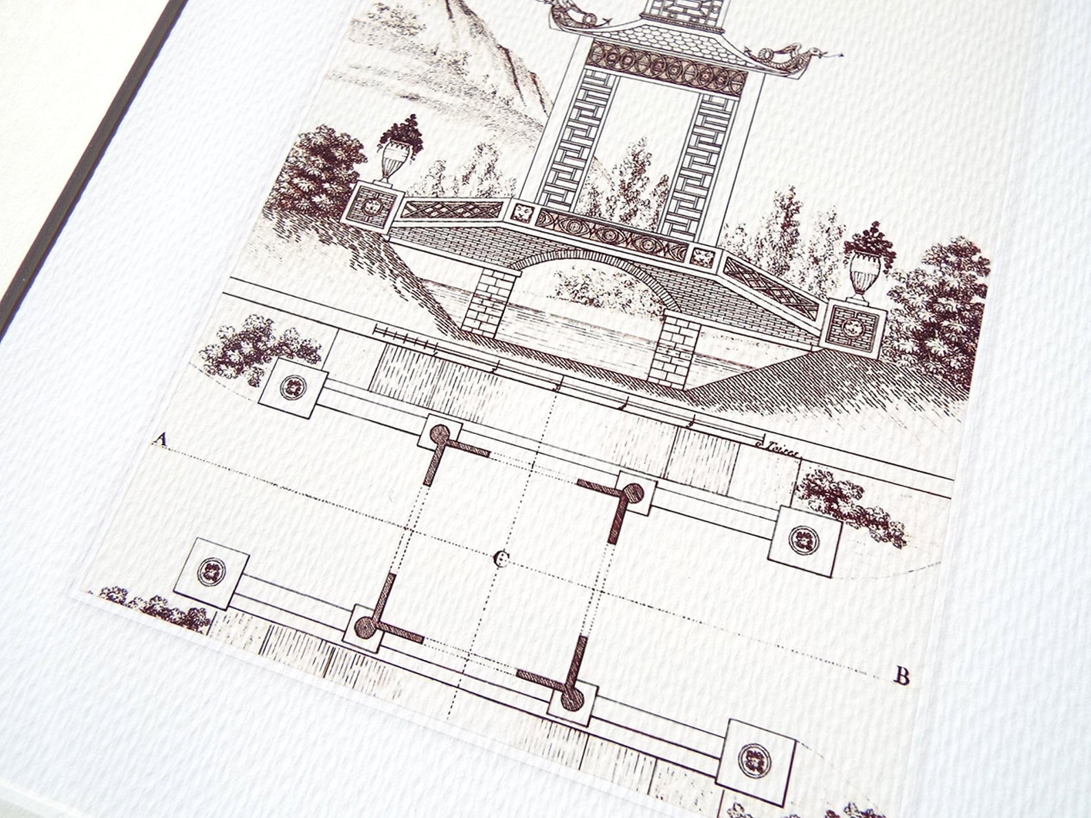 Sepia Pagoda Blueprint 5 Garden Architectural Plan Archival | Etsy