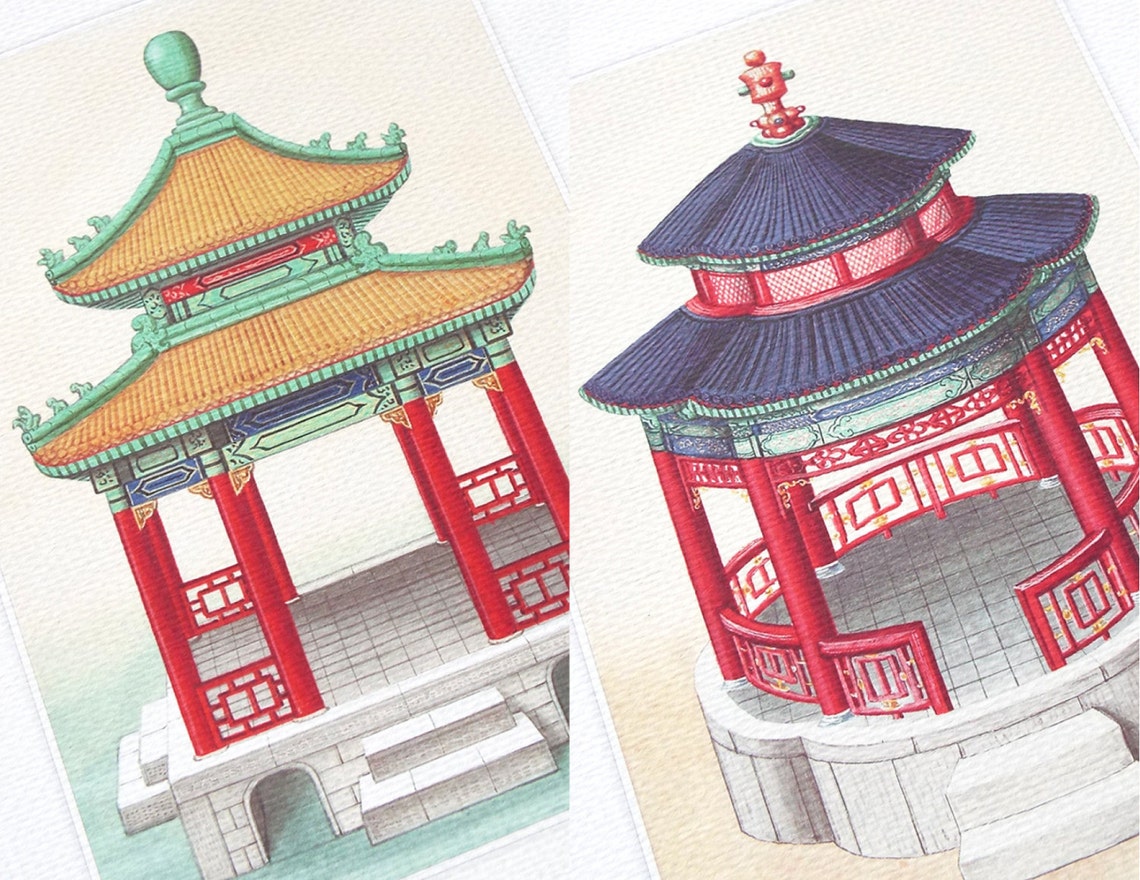 Chinoiserie Pagoda Architectural Drawing Set of 6 Prints on - Etsy