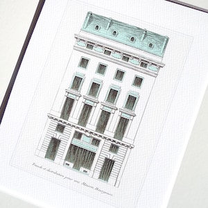 French Architectural Drawing 3 of Paris Facade With Pale Blue Details ...