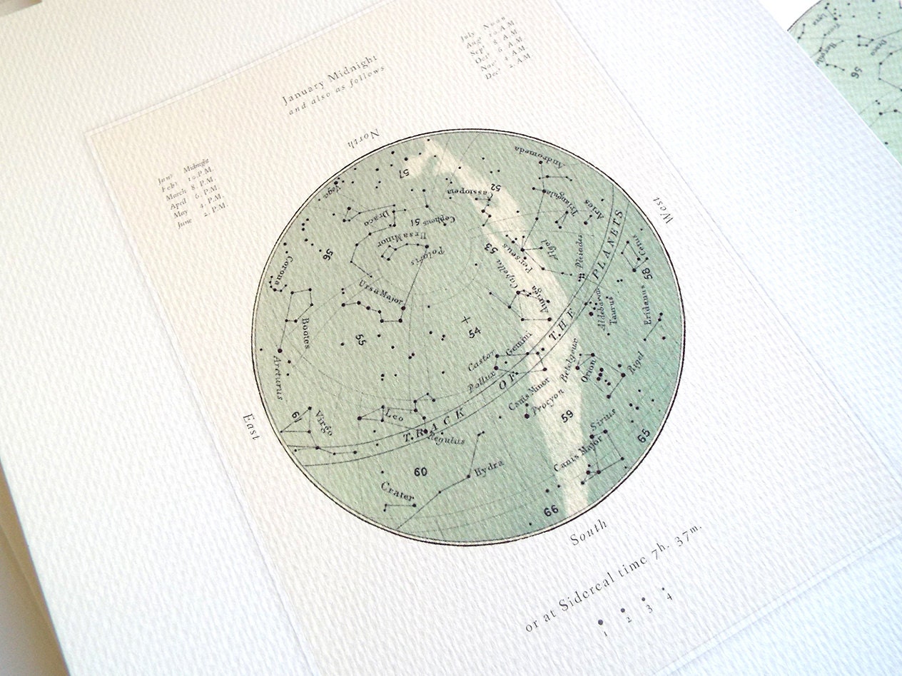 Monthly Star Maps in Pale Green Astronomy Constellation | Etsy