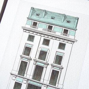 French Architectural Drawing 4 of Paris Facade With Pale Blue Details ...