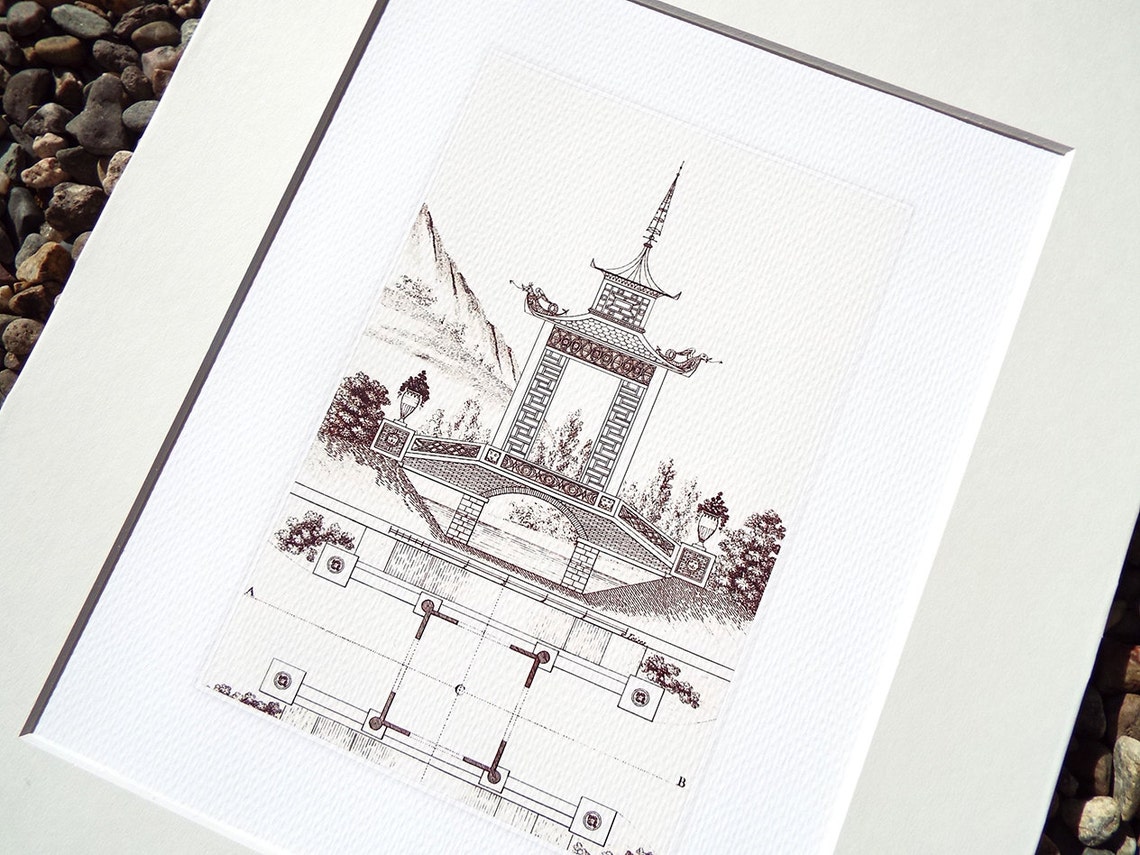 Sepia Pagoda Blueprint 5 Garden Architectural Plan Archival | Etsy