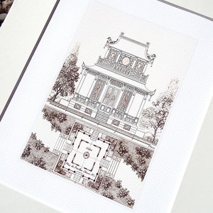 Sepia Pagoda Blueprint 2 Garden Architectural Plan Archival Print - Etsy