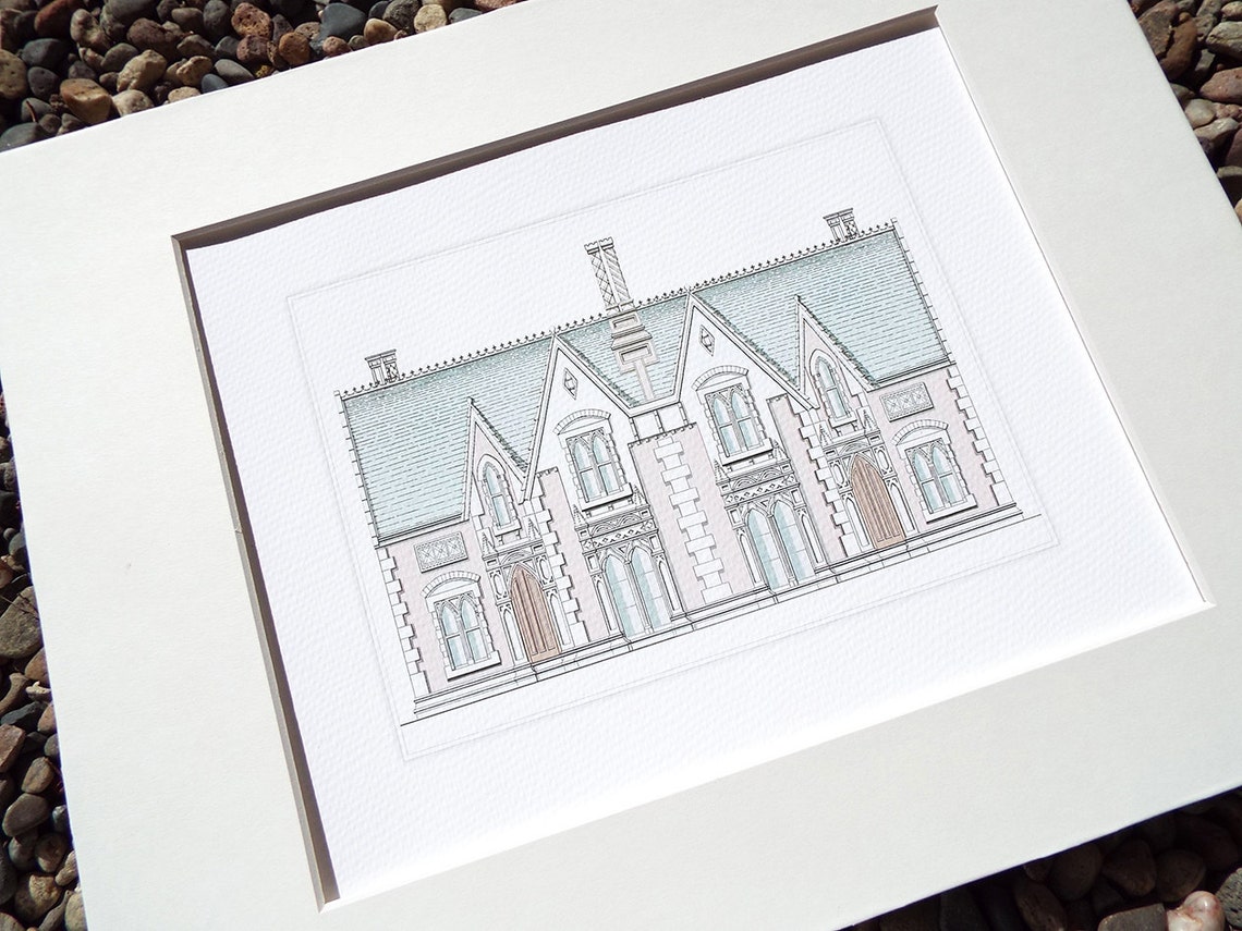 Architectural Print 1 of Pastel English Manor House Drawing on | Etsy