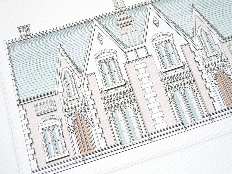 Architectural Print 1 of Pastel English Manor House Drawing on | Etsy