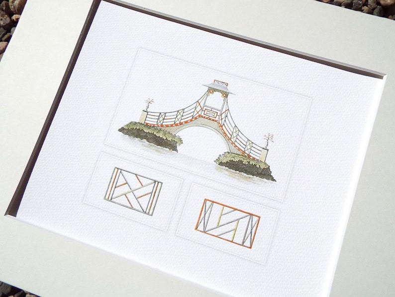 Pagoda Style Bridge & Trellis Railing Chinoiserie Architectural Drawing ...