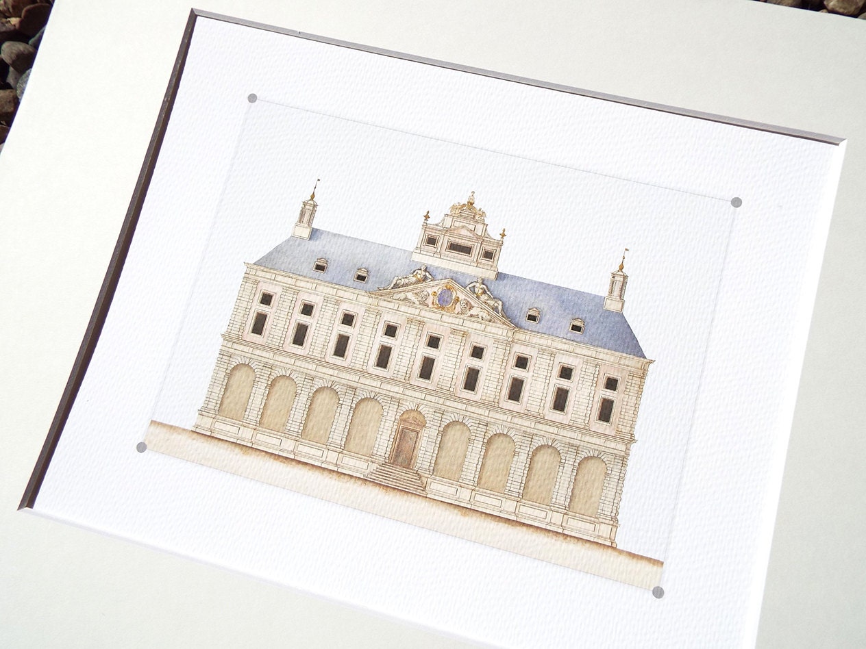 Antique Architectural Illustration of Blue Roofed Neo | Etsy