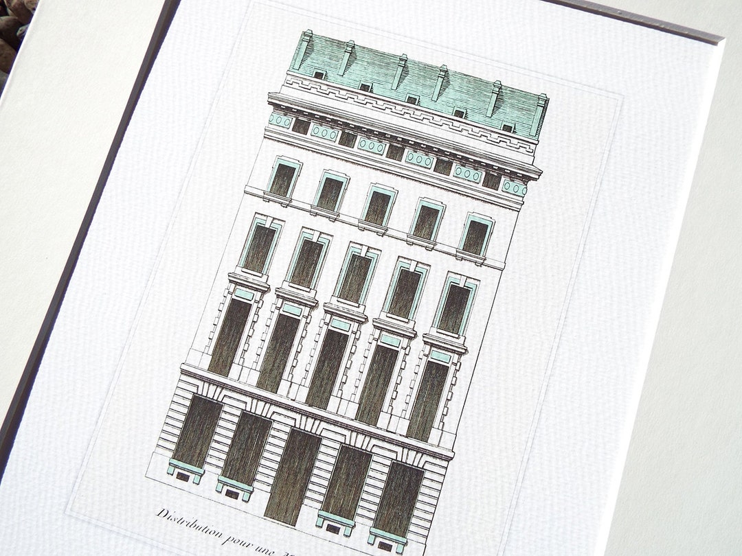 French Architectural Drawing 8 of Paris Facade With Pale Blue Details ...