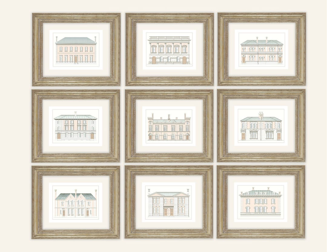 Pastel English Manor House Prints: Architectural Drawing Set of 9 - Etsy