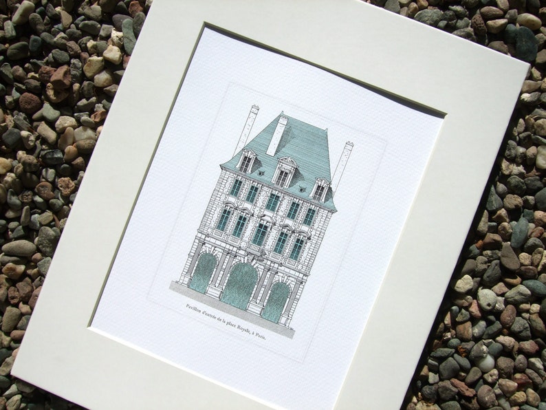 Antique Architectural Illustration of French Facade Entrance With Blue ...