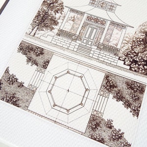 Sepia Pagoda Blueprint 4 Garden Architectural Plan Archival Print - Etsy