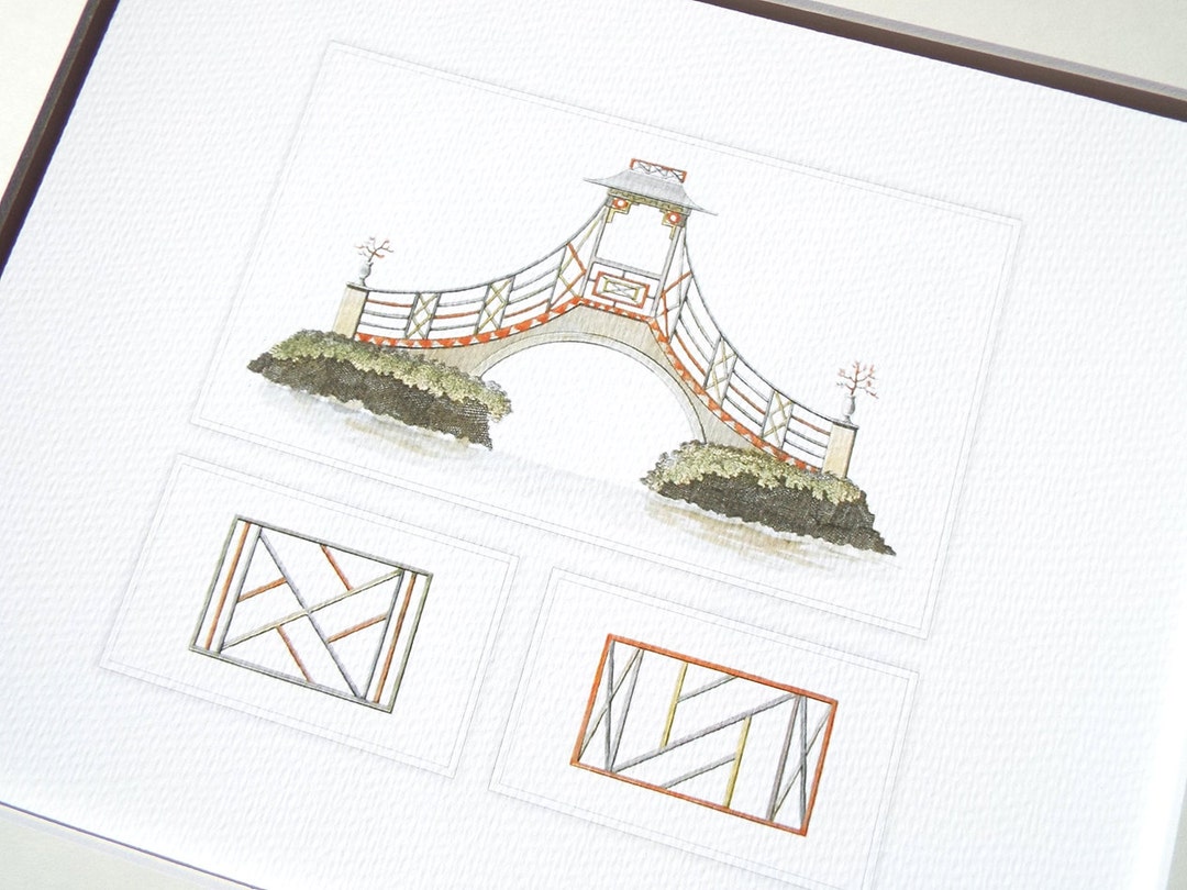 Pagoda Style Bridge & Trellis Railing Chinoiserie Architectural Drawing ...