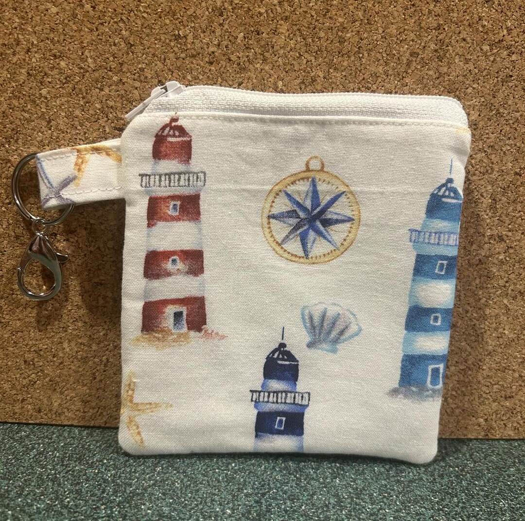 White Background Lighthouse Nautical Fabric Zippered Keychain Coin ...