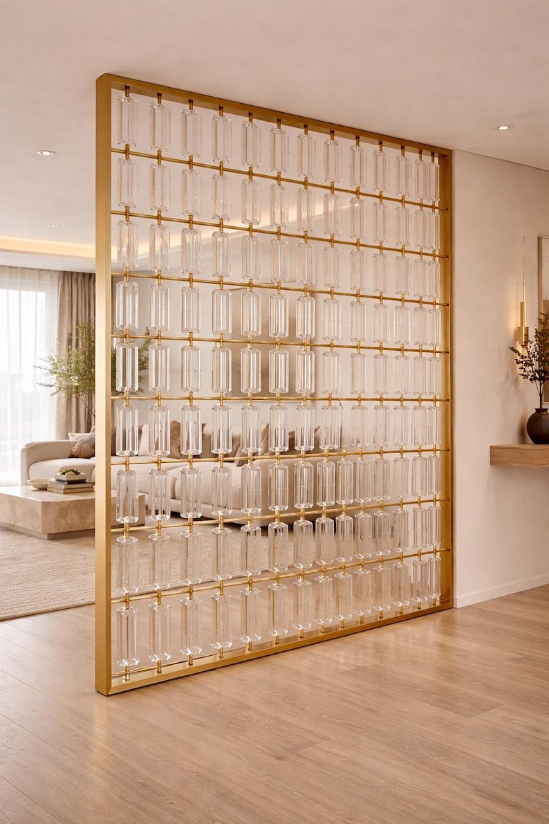 Buy Glass Block Room Divider, Gold Metal Partition Screen, Modern Glass ...