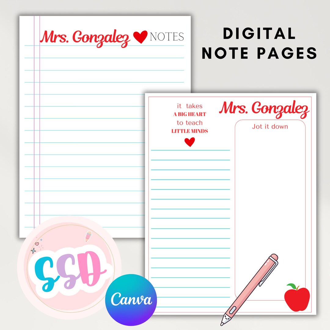 Teacher Apple/ Hearts- Editable Digital Note Pages for Teachers | Canva ...