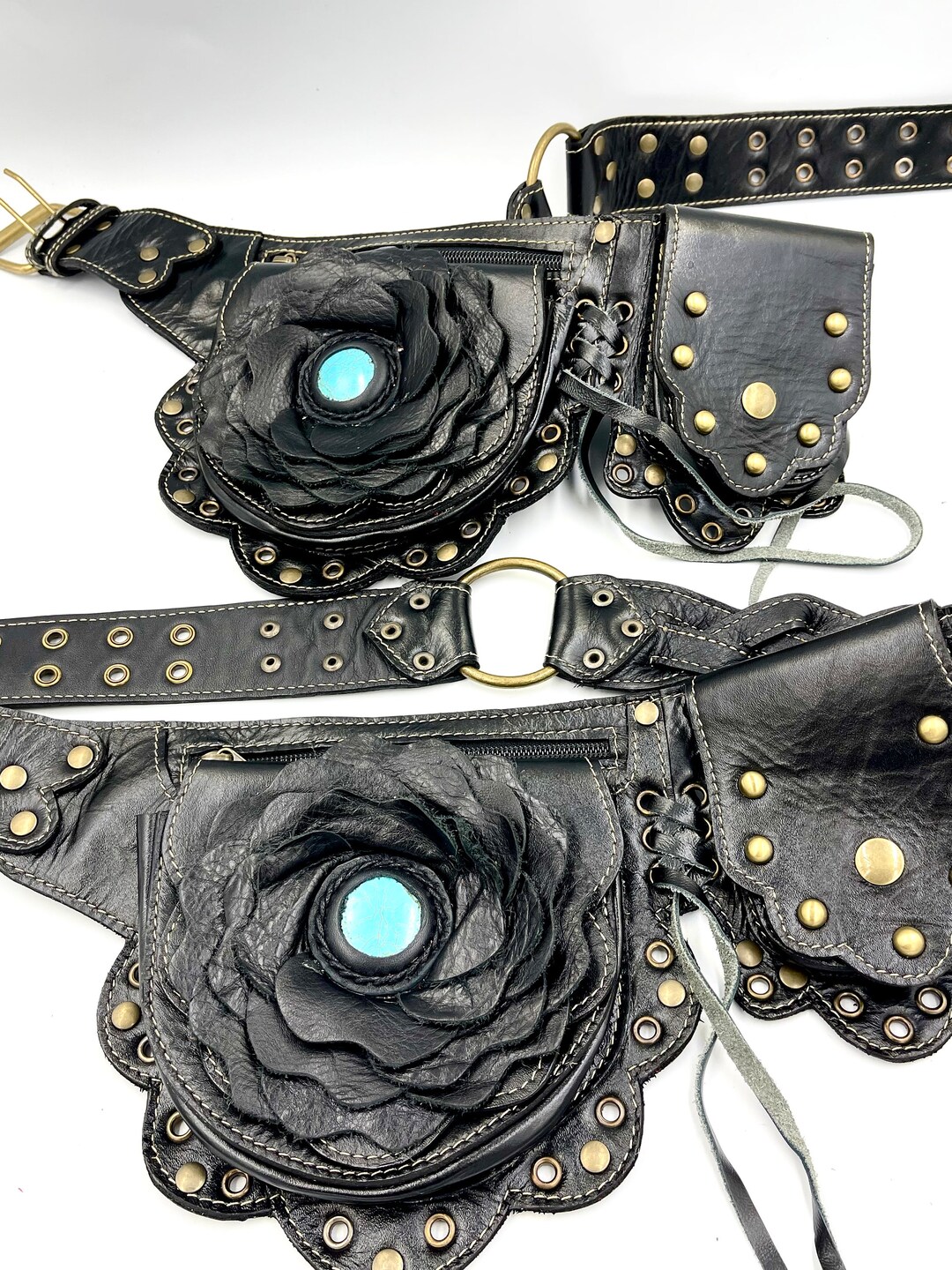 Black Leather Rose Belt With Turquoise Stone Size SMALL - Etsy