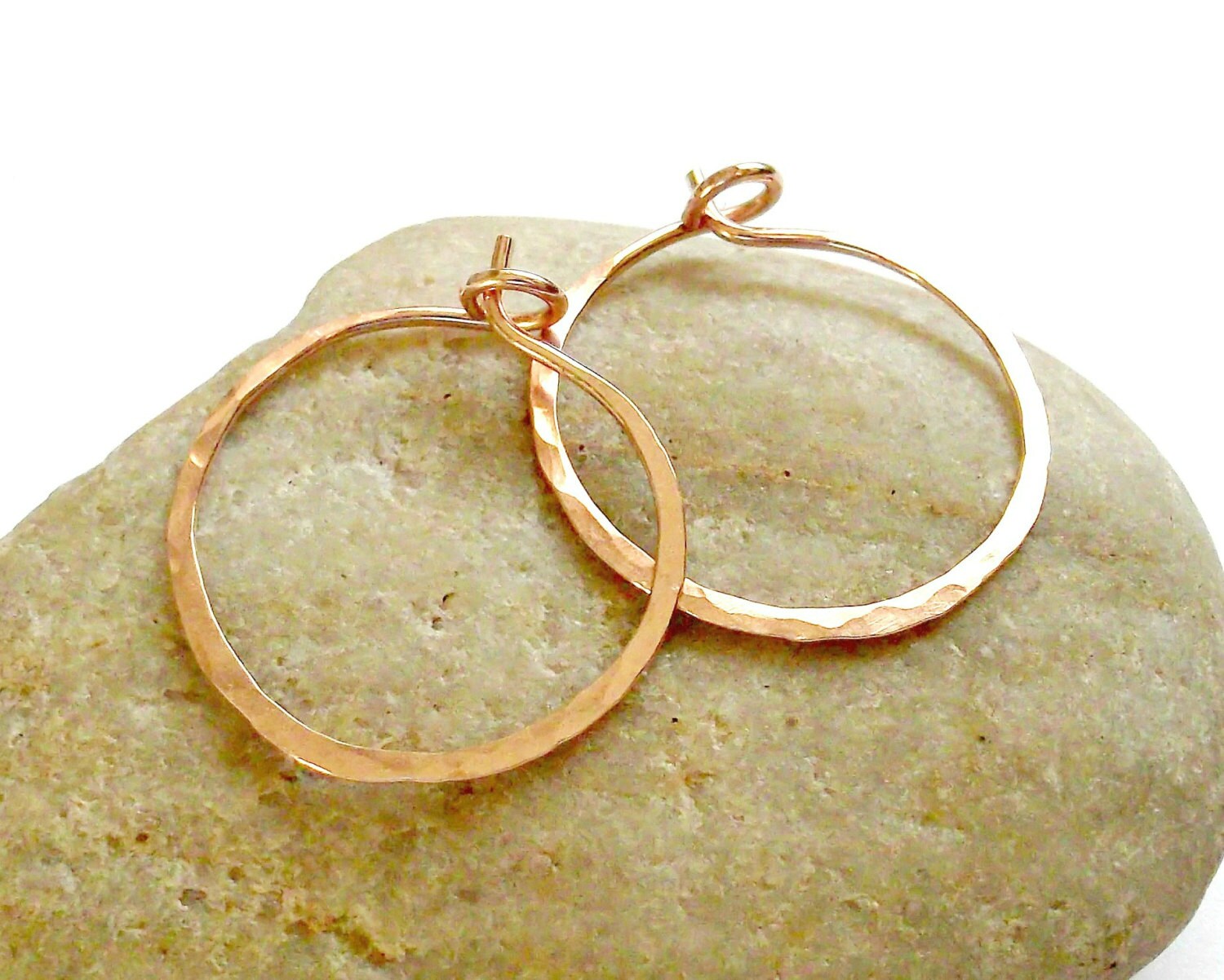14K Rose Gold Filled 18 Gauge One Inch Hoops, Hammered Rose Gold Hoop ...