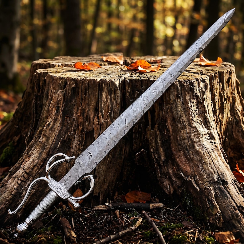 Engraved Damascus Steel Knight Sword, Handmade Medieval Fantasy Replica ...
