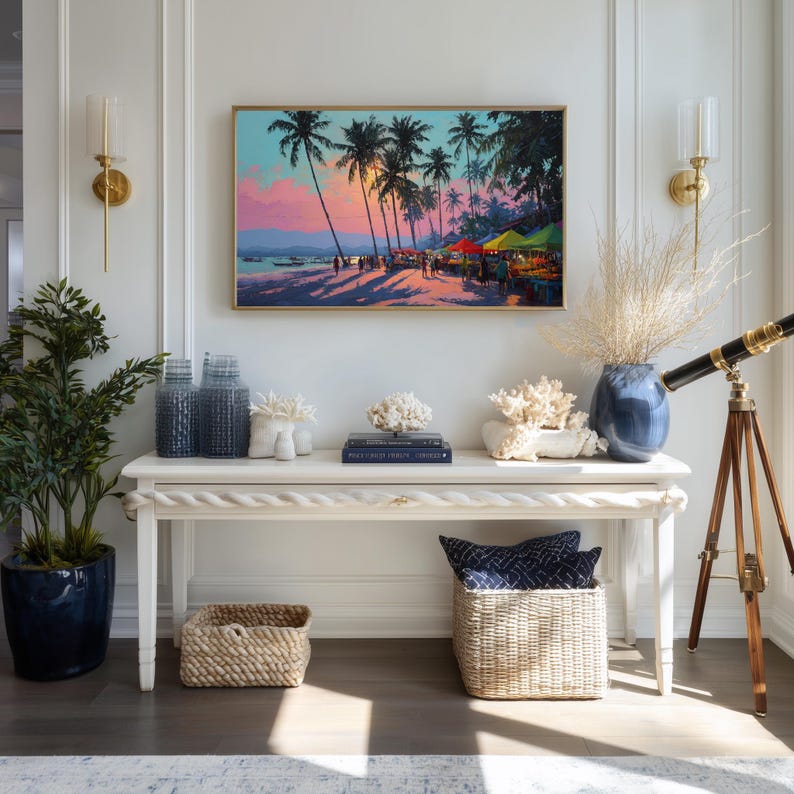 Tropical Thai Beach Market at Sunset Frame TV Art Palm Trees (digital ...